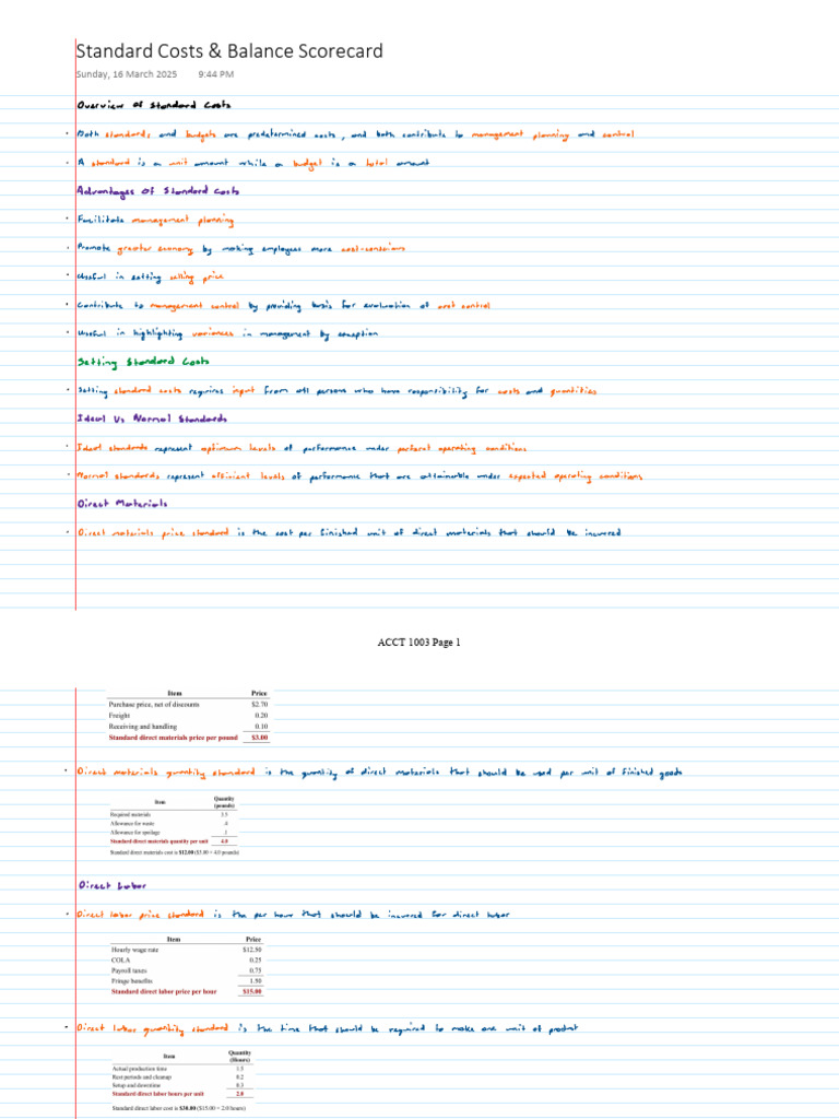 Standard Costs & Balance Scorecard | PDF