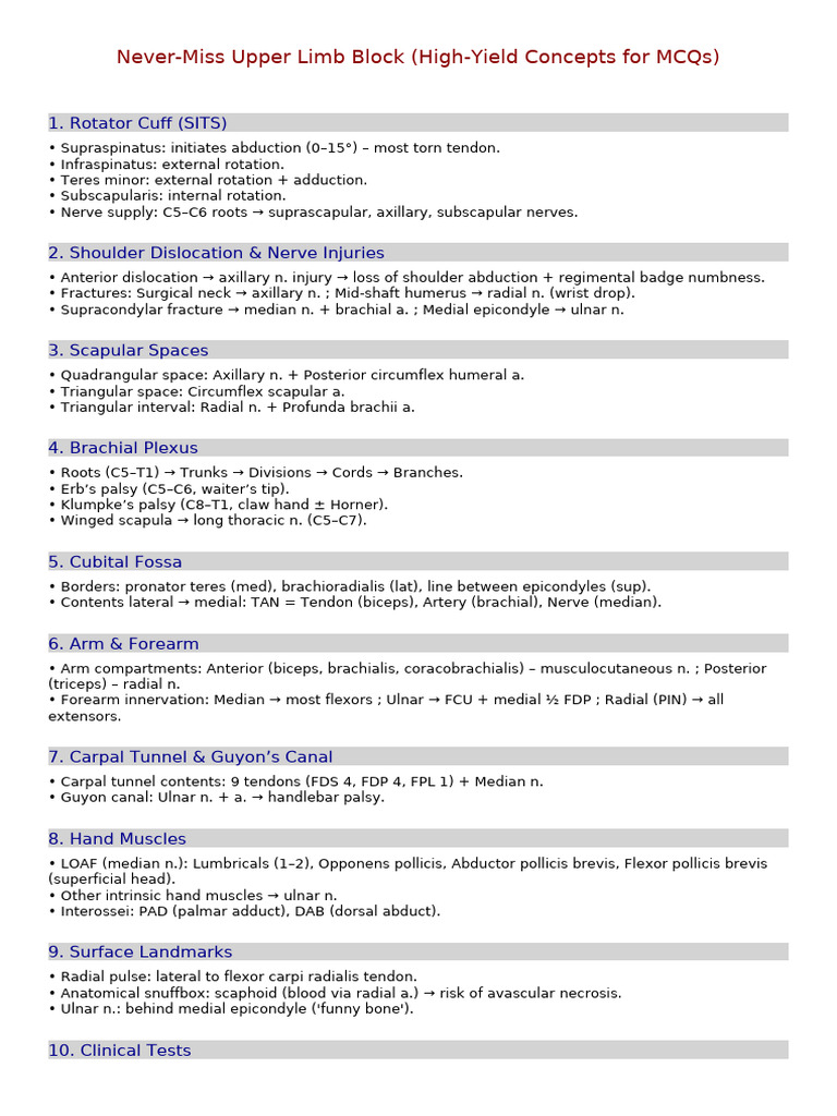 Upper Limb Anatomy & Nerve Injuries Guide | PDF