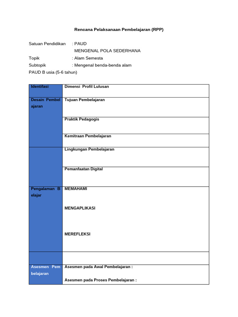 RPP PAUD: Mengenal Pola Alam Semesta | PDF