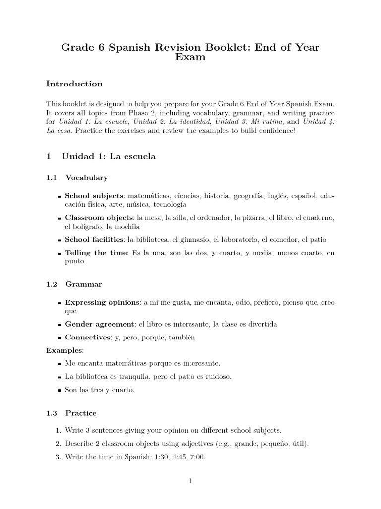 Grade 6 Spanish Revision Booklet: End of Year Exam | PDF
