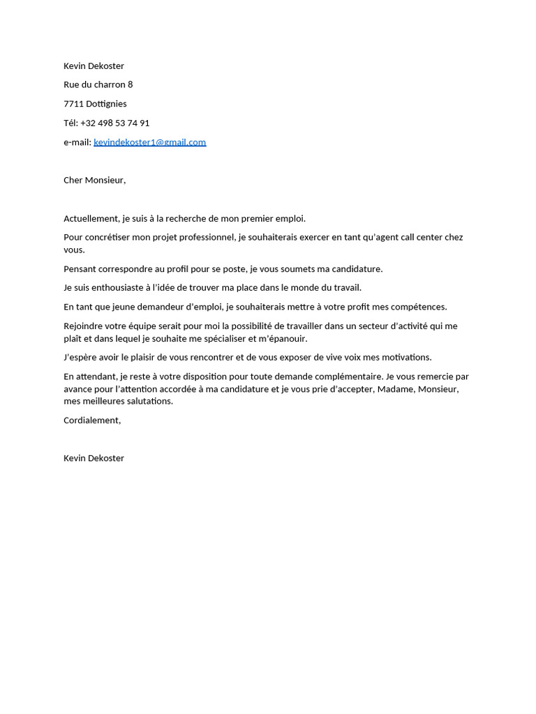 Candidature de Kevin Dekoster pour Call Center | PDF