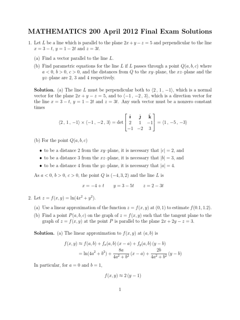 Mathematics 200 Final Exam Solutions | PDF | Integral | Mathematical ...