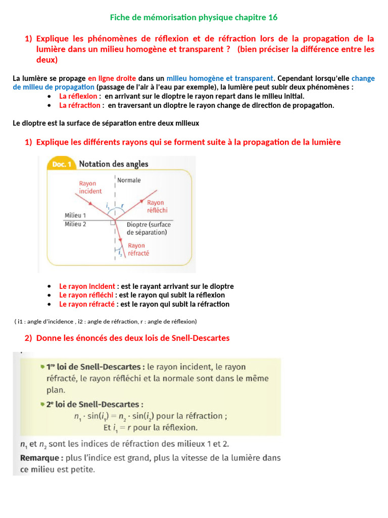 Réflexion et réfraction de la lumière | PDF | Réfraction | Optique