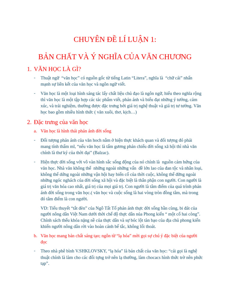 Bản Chất Và ý Nghĩa Của Văn Chương (CĐ Lí Luận 1) | PDF
