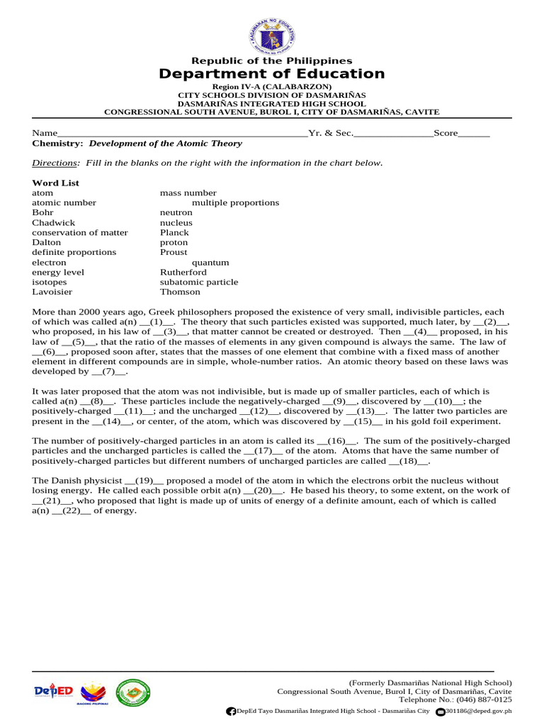 Activity Atomic Theory and Atomic Development | PDF | Atoms | Physical Chemistry