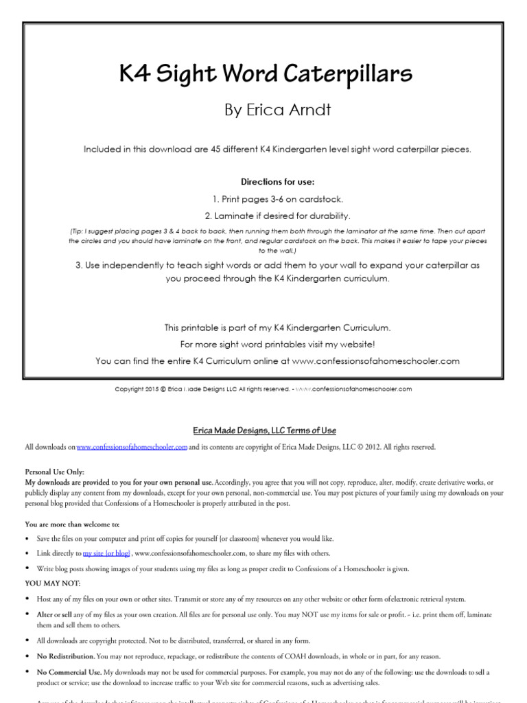 K 4 Sight Word Caterpillar | PDF