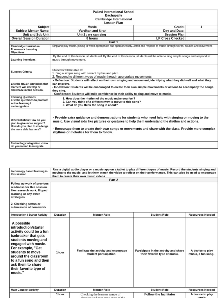 Grade 1 Music Lesson Plan Overview | PDF | Learning | Education Theory