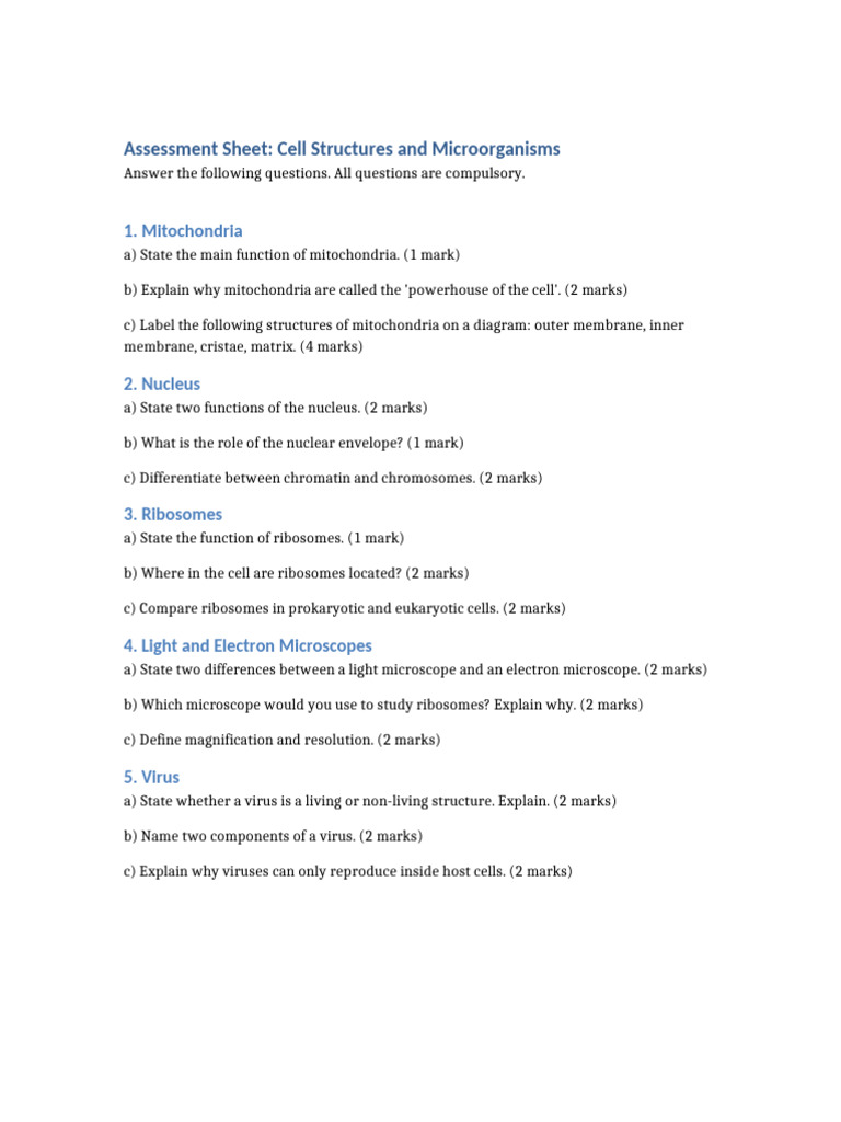 Cell Structures and Microorganisms Assessment | PDF