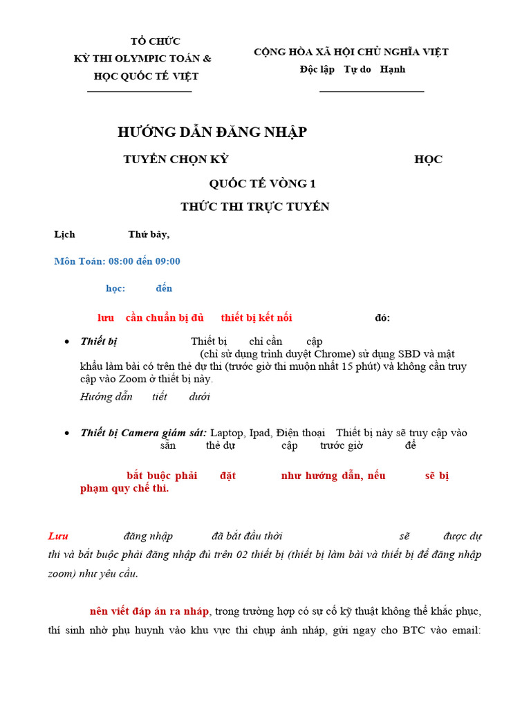 IMSO 2024 - Hướng Dẫn Đăng Nhập Làm Bài | PDF