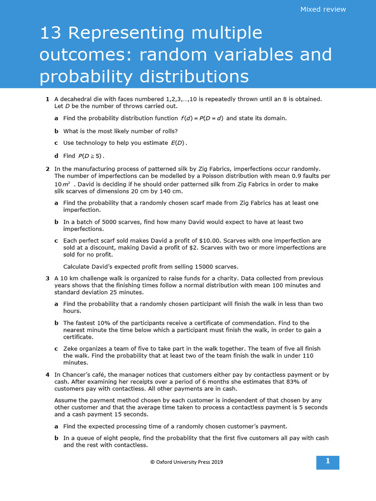 AI HL Random Variables and Probability Distributions Mixed Review | PDF | Probability ...