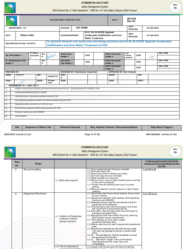 Uthmaniyah Gas Plant JSA Process Guide | PDF | Forklift | Concrete