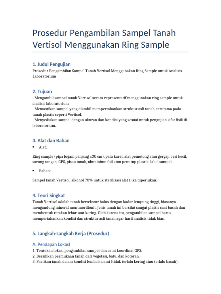 Prosedur Pengambilan Sampel Tanah Vertisol Ring Sample | PDF