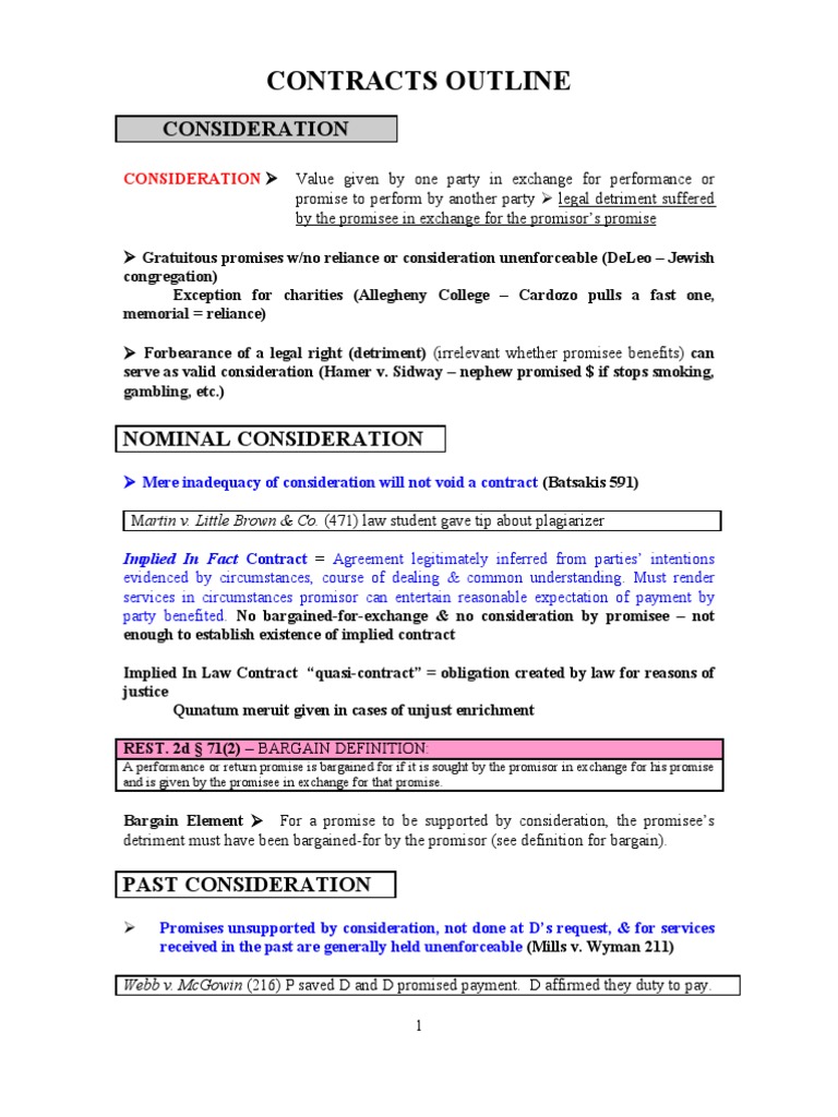 Contracts Outline | PDF | Offer And Acceptance | Consideration