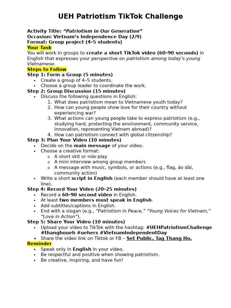 UEH Patriotism TikTok Challenge | PDF