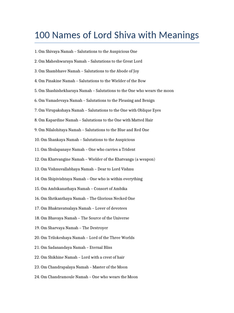 100 Names of Lord Shiva Explained | PDF | Shiva | Hindu Deities