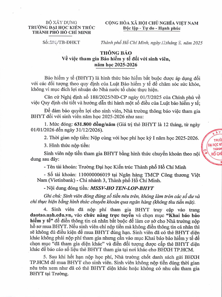 984 Thong Bao VV Tham Gia Bao Hiem y Te Doi Voi Sinh Vien Nam Hoc 2025 2026 | PDF