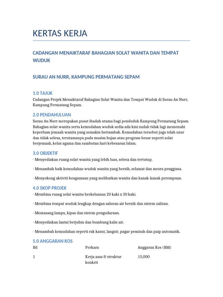 Kertas Kerja Naik Taraf Surau An Nurr | PDF