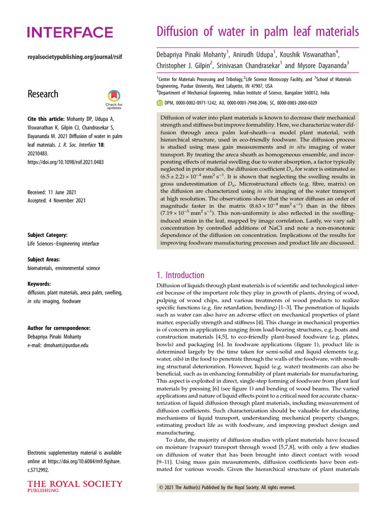 Mohanty Et Al Diffusion of Water in Palm Leaf Materials | PDF | Leaf | Porosity