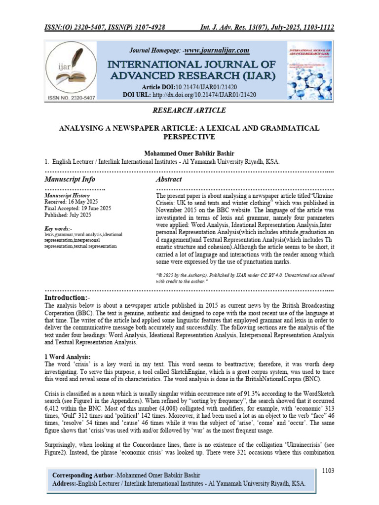 Newspaper Article Analysis: Lexical & Grammatical Insights | PDF ...
