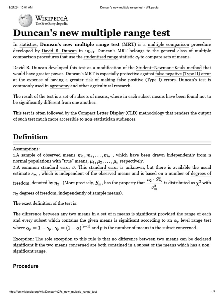 Duncan's New Multiple Range Test - Wikipedia | PDF | Evaluation Methods ...
