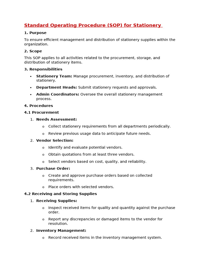 Standard Operating Procedure Stationery | PDF | Inventory | Procurement