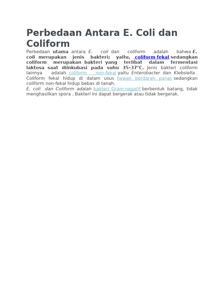 Perbedaan E. Coli dan Coliform | PDF