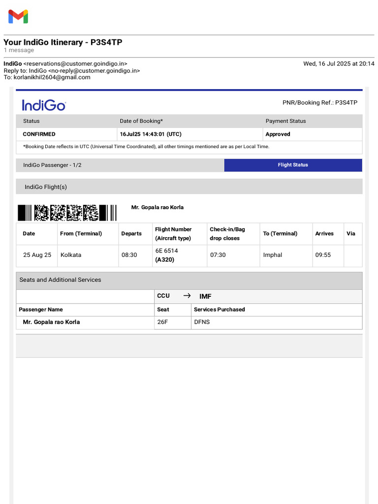 IndiGo Ticket - P3S4TP | PDF | Transport | Aviation