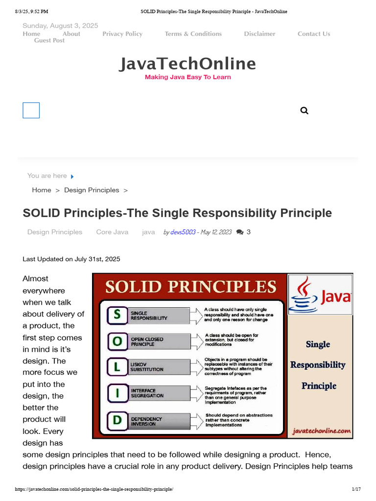 SOLID Principles-The Single Responsibility Principle - JavaTechOnline | PDF | Class (Computer ...
