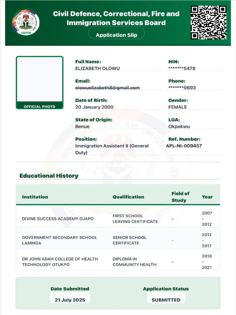 ELIZABETH - OLOWU-application-slip | PDF