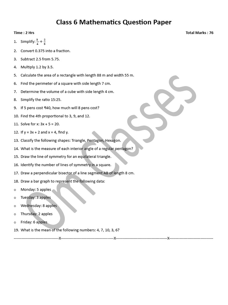 Class 6 Mathematics Question Paper | PDF