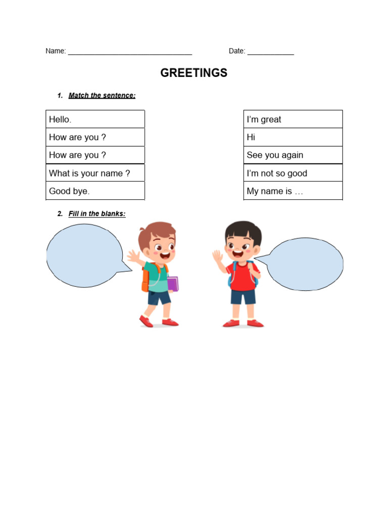 English Greetings Practice Worksheet | PDF