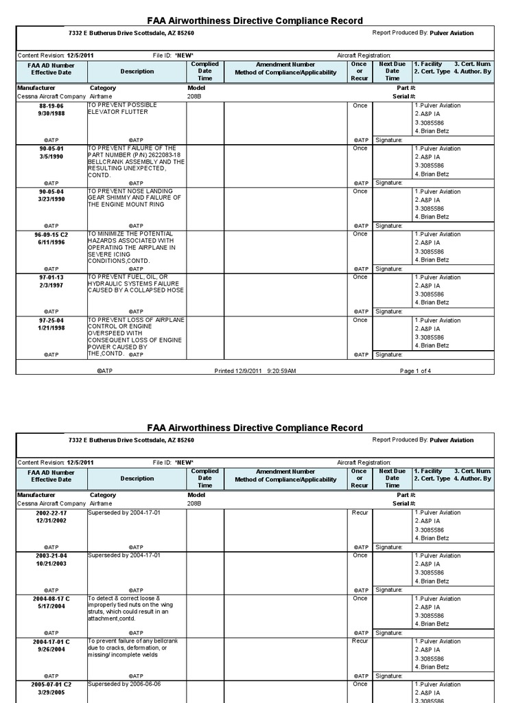 FAA Airworthiness Directive Compliance Record: ©atp ©atp ©atp | PDF ...