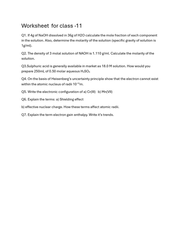 Class 11 Worksheet | PDF