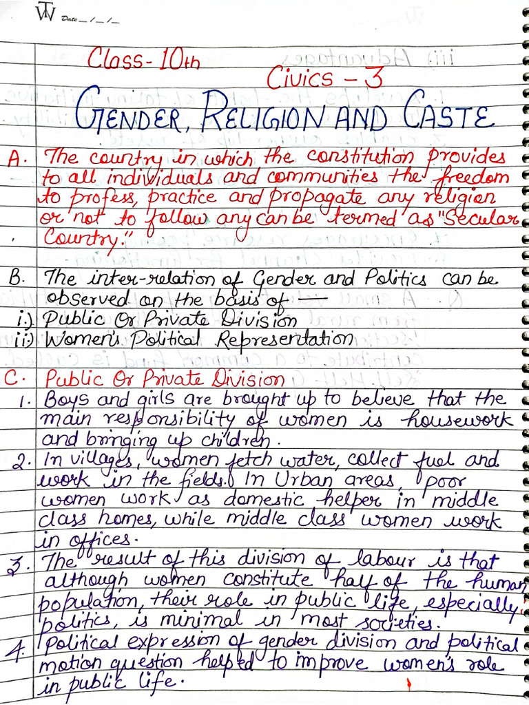 XTH, Civics Ch-3, Gender, Religion and Caste, NCERT Notes | PDF