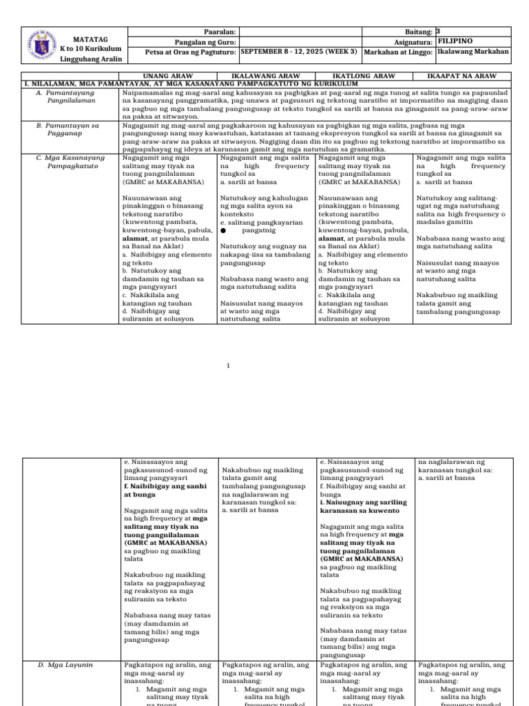 Filipino Matatag DLL 3 - q2 - w3 | PDF