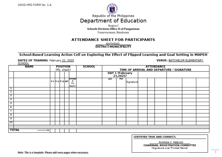 1 2020 Deped Pang 2 HRD Form No 1 A Training Attendance Form For ...