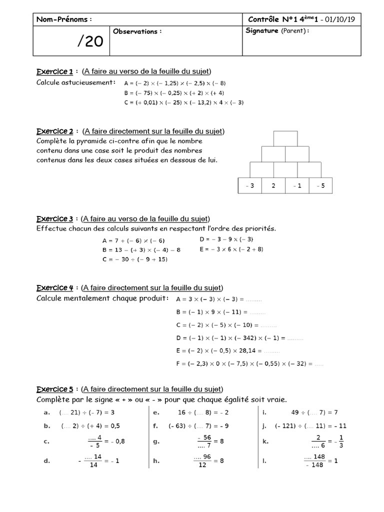 Contrôle Maths N°1 4ème 1 | PDF