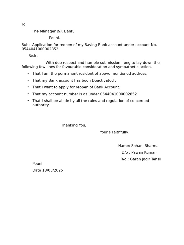 Application to Reopen Bank Account | PDF