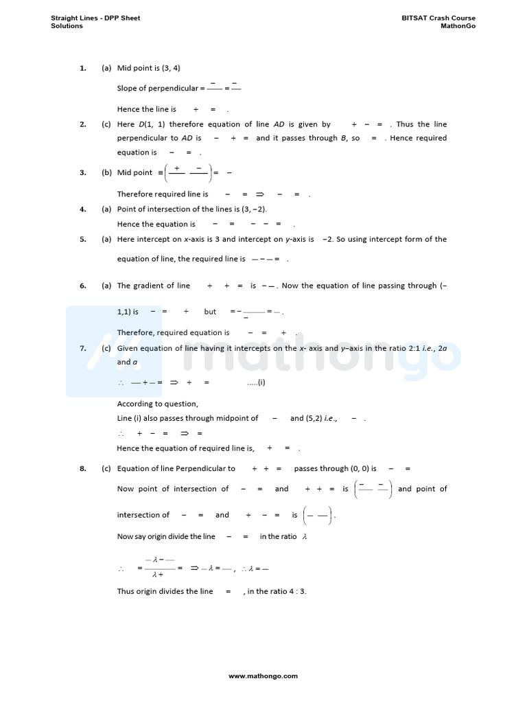 Solution Straight Lines Sheet MathonGo BITSAT Crash Course | PDF | Euclid | Geometry