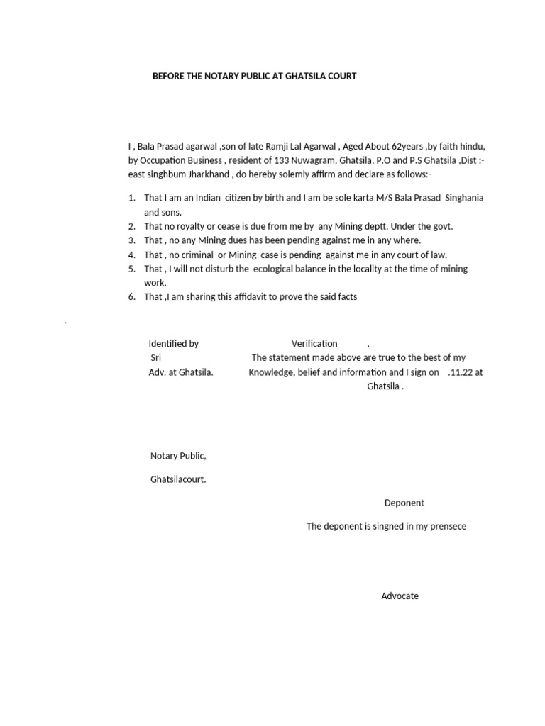 Before The Notary Public at Ghatsila Court | PDF