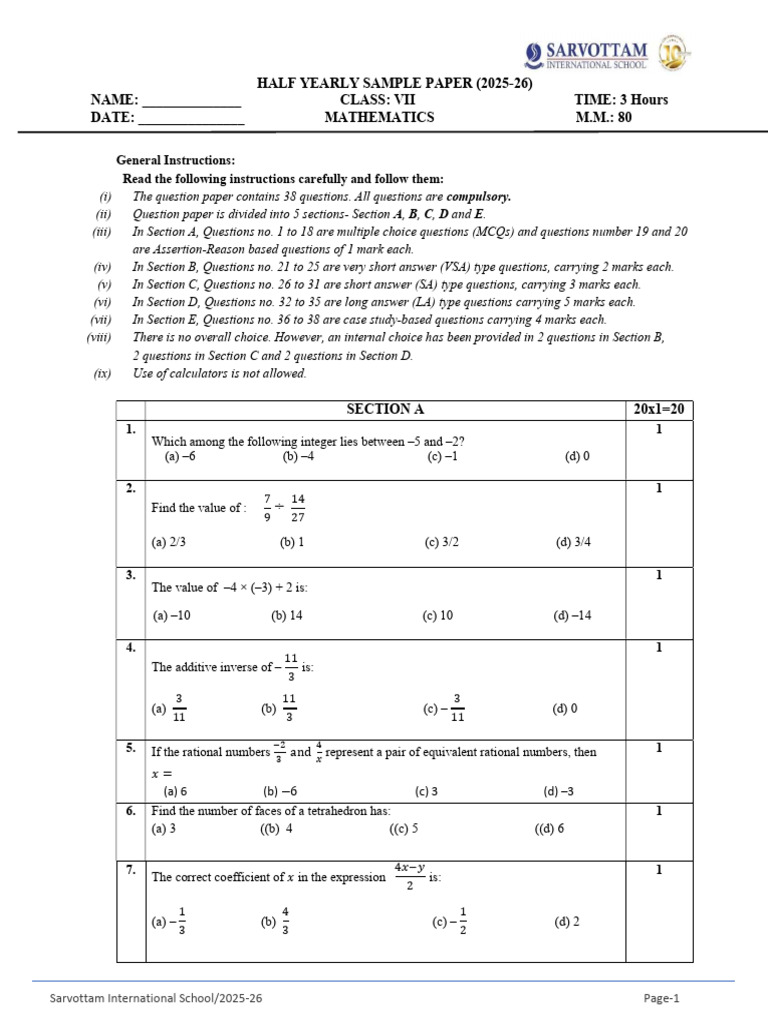 Maths Sample Paper | PDF | Angle | Sphere