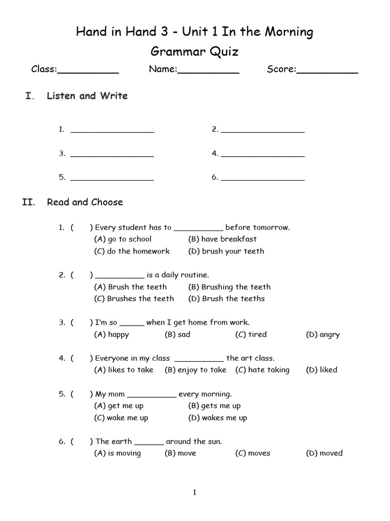 Hand in Hand 3 - U1 Grammar Quiz | PDF | Chess Openings | Chess