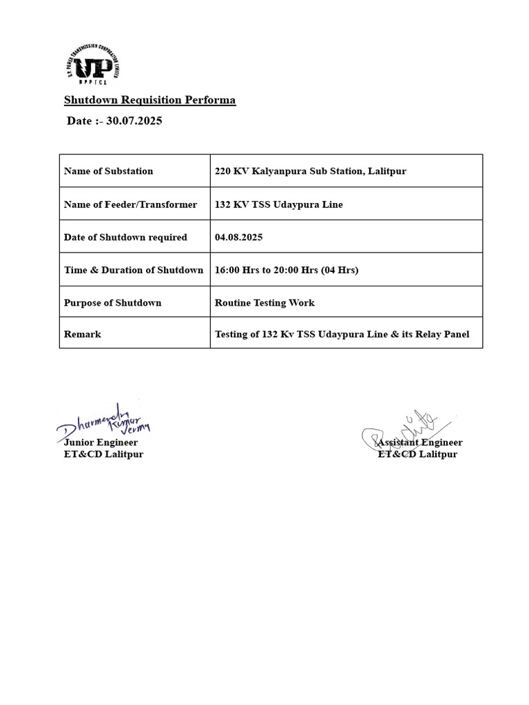 Shutdown Requisition Udaypura | PDF