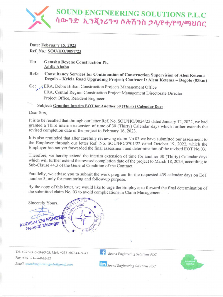 15 02 23 SOU HO 0097 23 Granting Interim EOT for Another 30 Calendar | PDF