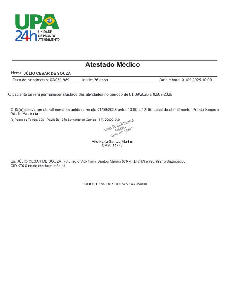 Atestado Médico de Vito Faria Santos | PDF