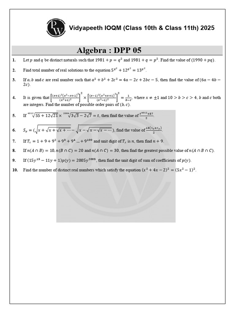 686f77d4899dd753e07520cc - ## - Algebra: DPP 05 - Vidyapeeth IOQM (Class 10th & Class 11th) 2025 ...