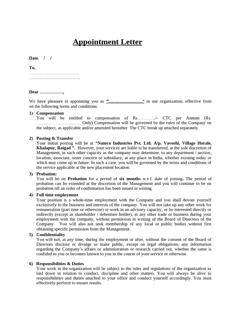 Appointment Letter Template | PDF | Contractual Term | Board Of Directors