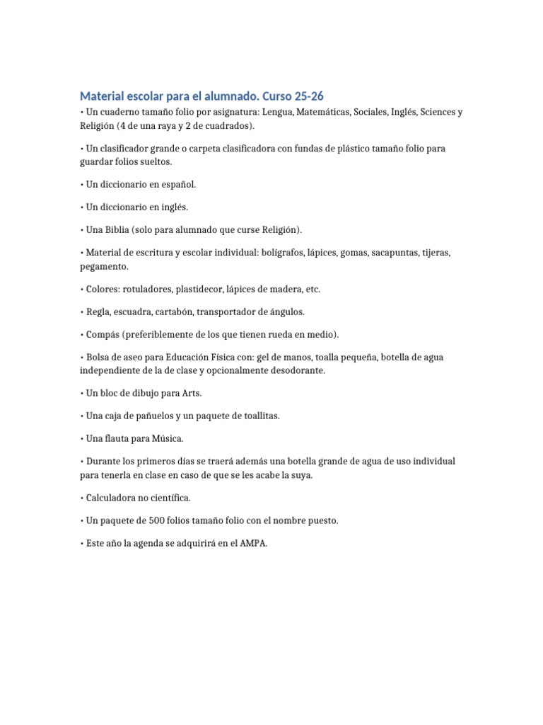 Material Escolar 2025-2026: Lista Completa | PDF