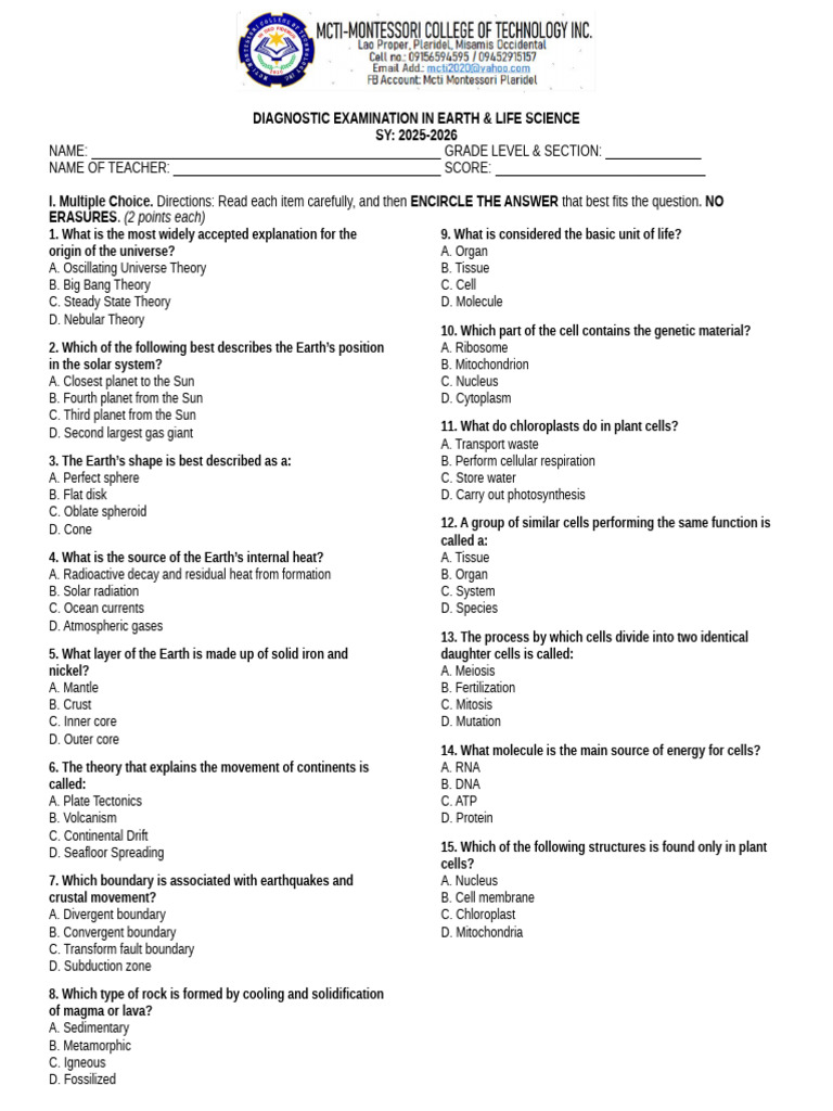 Earth & Life Science Diagnostic Exam | PDF | Earth | Cell (Biology)