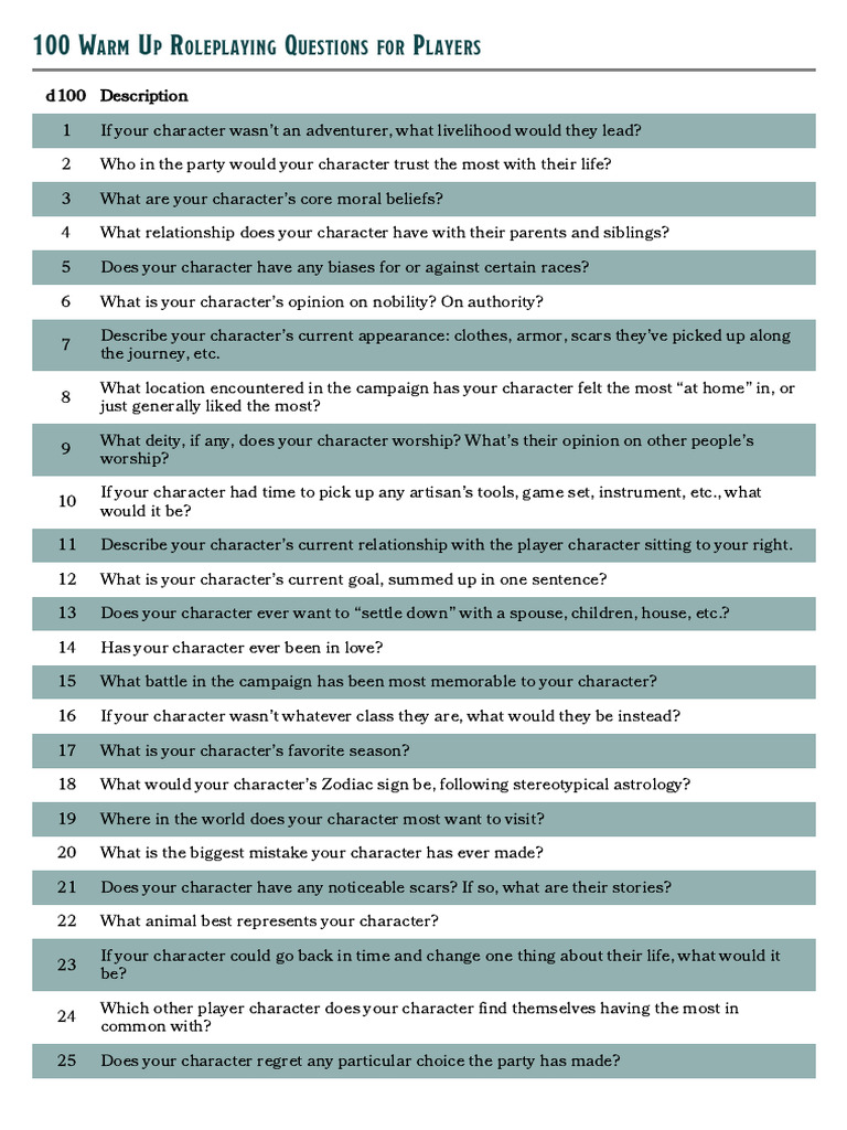 D100 Roleplaying Warm-Up Questions | PDF